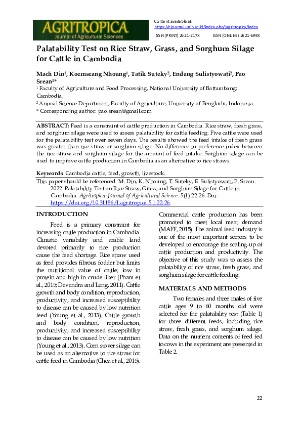 (PDF) Palatability Test on Rice Straw, Grass and Sorghum Silage for ...