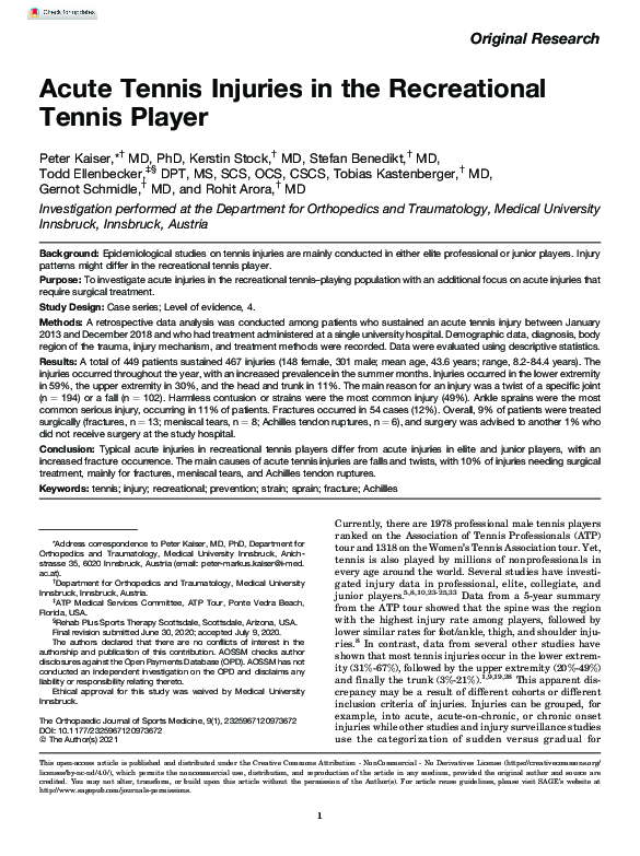 (PDF) Acute Tennis Injuries in the Recreational Tennis Player | Todd ...