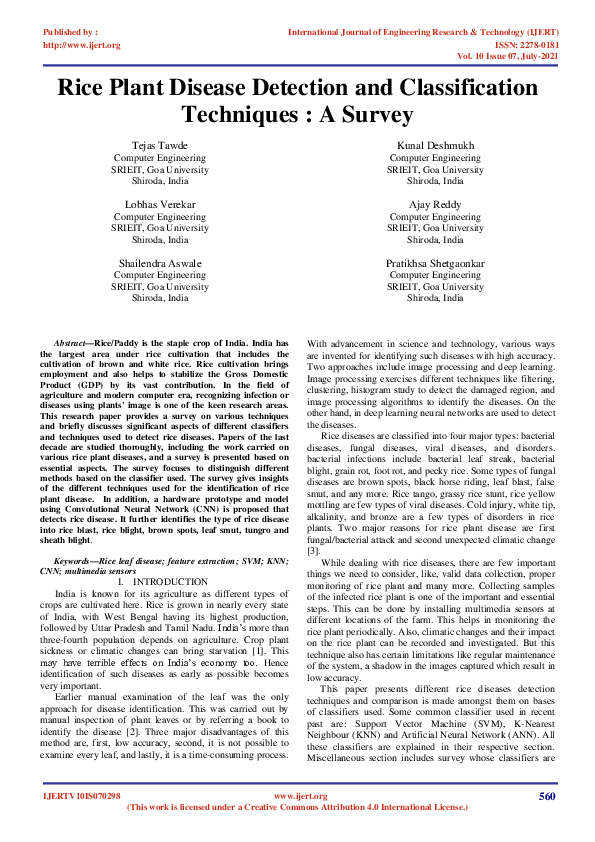 (PDF) Rice Plant Disease Detection and Classification Techniques : A Survey
