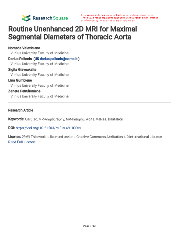 (PDF) Routine Unenhanced 2D MRI for Maximal Segmental Diameters of Thoracic Aorta