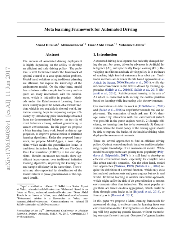 (PDF) Meta learning Framework for Automated Driving