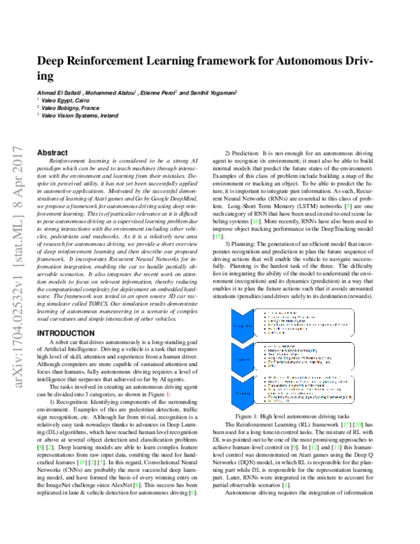 Pdf Deep Reinforcement Learning Framework For Autonomous Driving