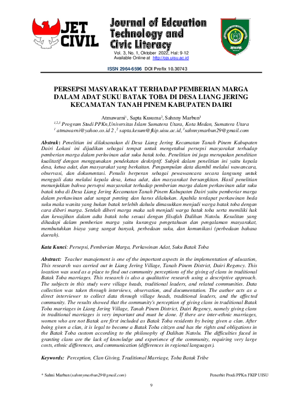 (PDF) Persepsi Masyarakat Terhadap Pemberian Marga Dalam Adat Suku ...