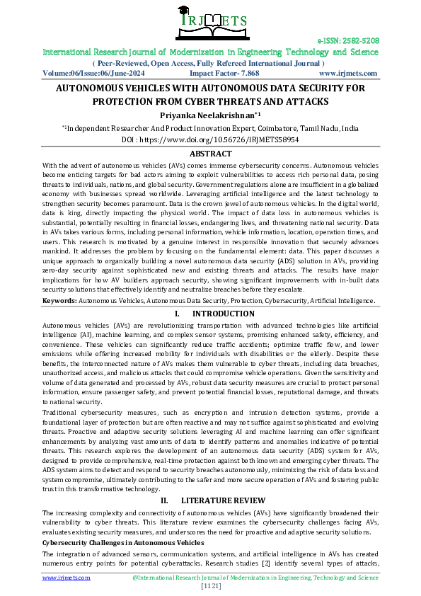 (PDF) AUTONOMOUS VEHICLES WITH AUTONOMOUS DATA SECURITY FOR PROTECTION FROM CYBER THREATS AND ...