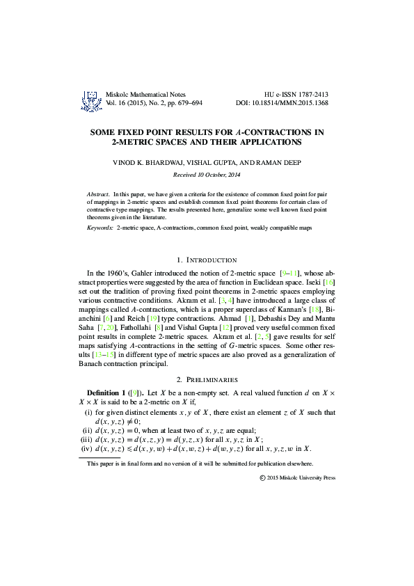 Pdf Some Fixed Point Results For A Contractions In 2 Metric Spaces