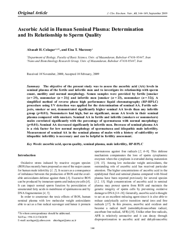 (PDF) Ascorbic Acid in human seminal plasma: determination and its relationship to sperm quality