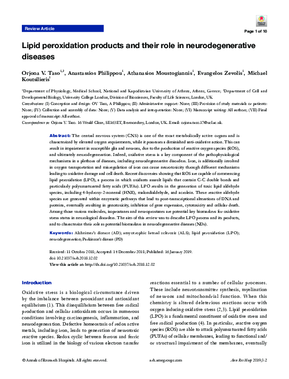 (PDF) Lipid peroxidation products and their role in neurodegenerative ...