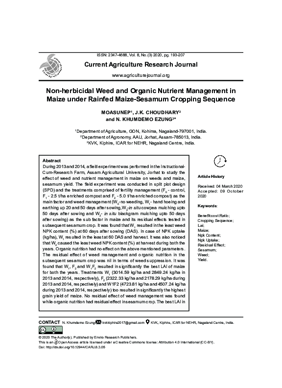 (PDF) Non-herbicidal Weed and Organic Nutrient Management in Maize under Rainfed Maize-Sesamum ...