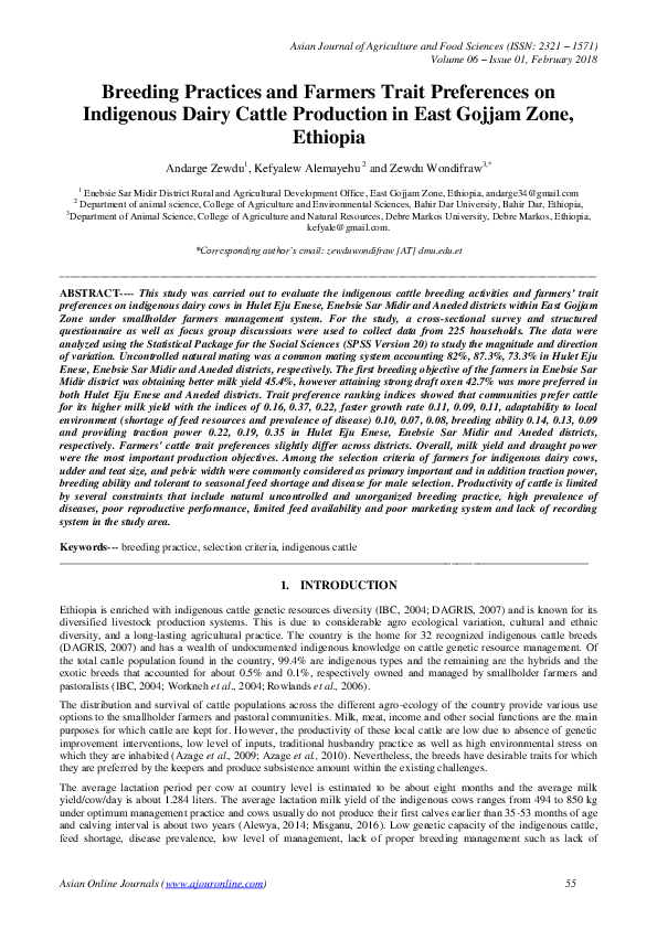 (PDF) Breeding Practices and Farmers Trait Preferences on Indigenous Dairy Cattle Production in ...