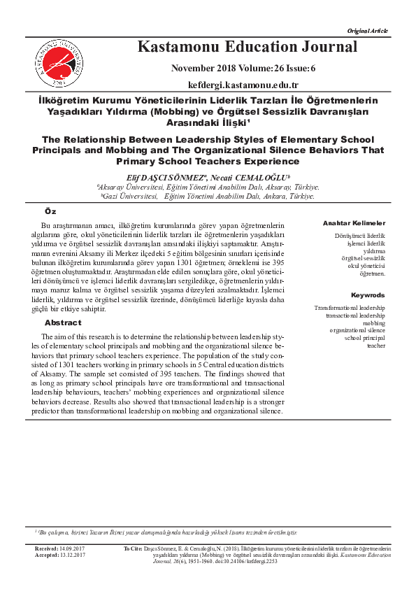 (PDF) The Relationship Between Leadership Styles of Elementary School Principals and Mobbing and ...