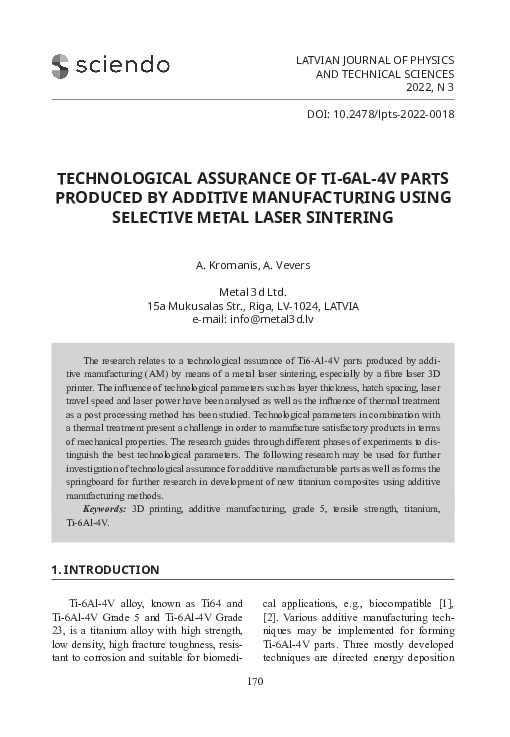 (PDF) Technological Assurance of Ti-6Al-4V Parts Produced by Additive Manufacturing Using ...