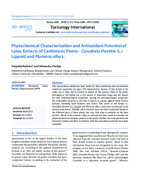 (PDF) Phytochemical Characterization and Antioxidant Potential of Latex Extracts of Cardiotoxic ...