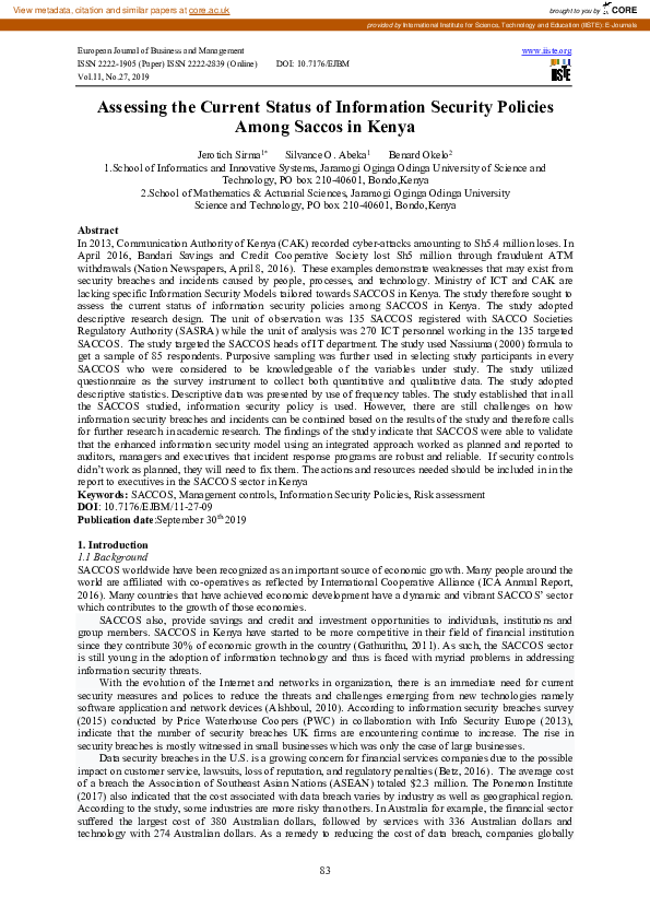 Pdf Assessing The Current Status Of Information Security Policies Among Saccos In Kenya