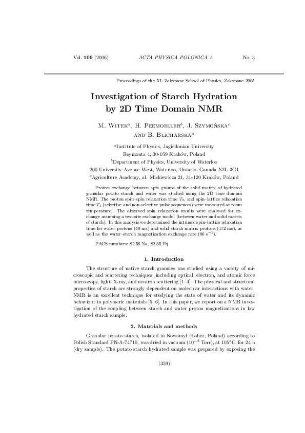 (PDF) Investigation of Starch Hydration by 2D Time Domain NMR