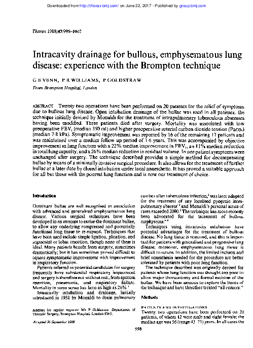 (PDF) Intracavity drainage for bullous, emphysematous lung disease ...