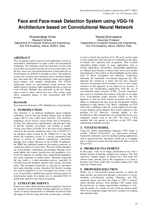 (PDF) Face and Face-mask Detection System using VGG-16 Architecture based on Convolutional ...