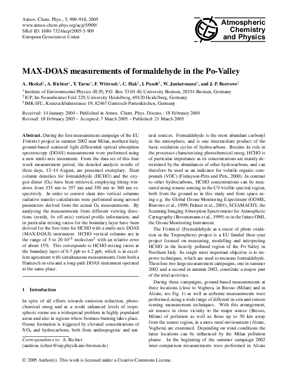 (PDF) MAX-DOAS measurements of formaldehyde in the Po-Valley