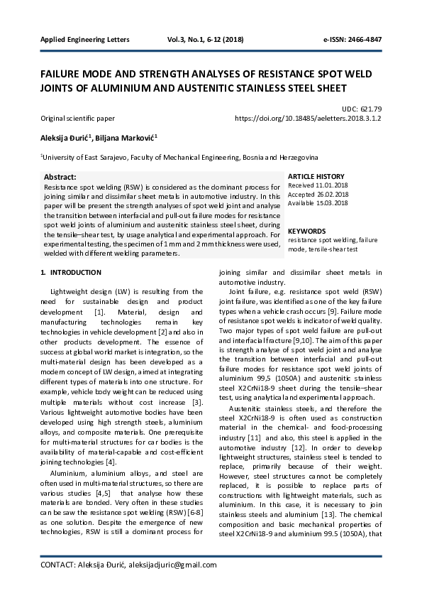 (PDF) Failure Mode and Strength Analyses of Resistance Spot Weld Joints ...