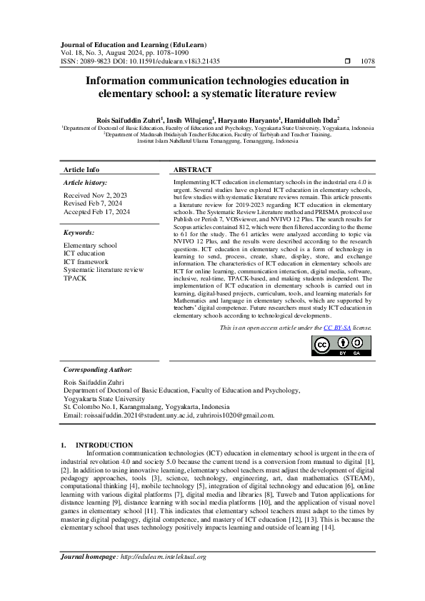 (PDF) Information communication technologies education in elementary school: a systematic ...