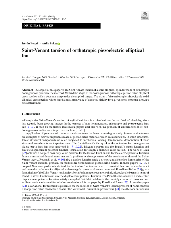 (PDF) Saint-Venant torsion of orthotropic piezoelectric elliptical bar