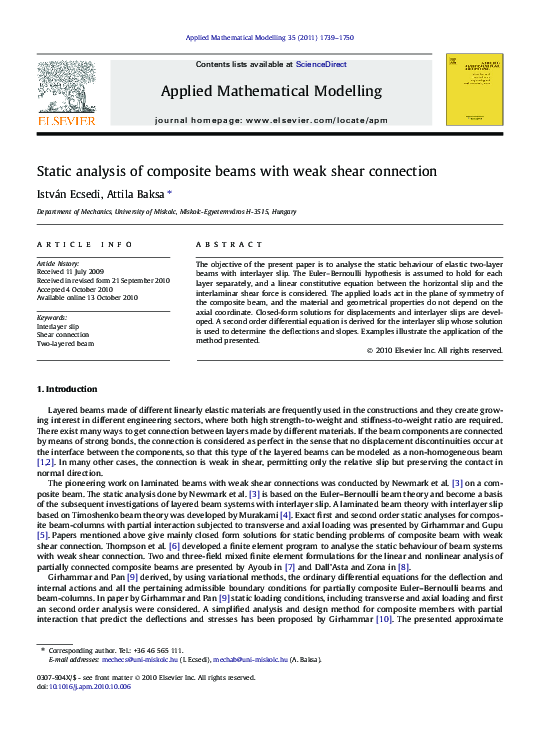 (PDF) Static analysis of composite beams with weak shear connection