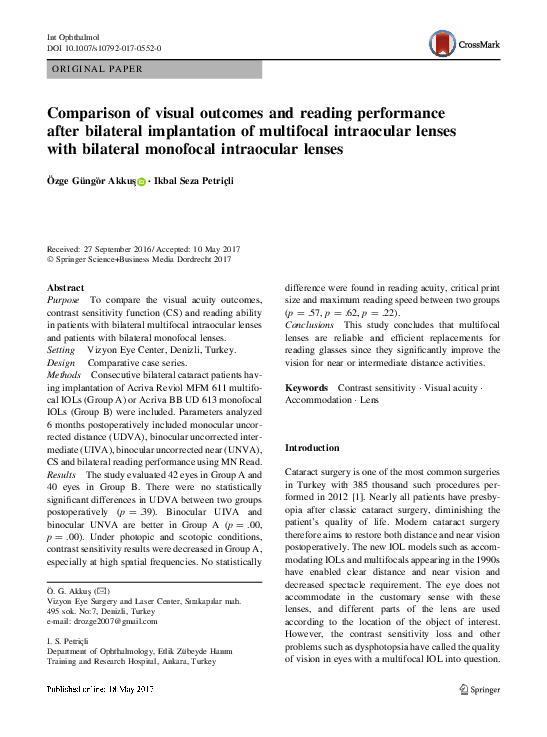 (PDF) Comparison of visual outcomes and reading performance after ...