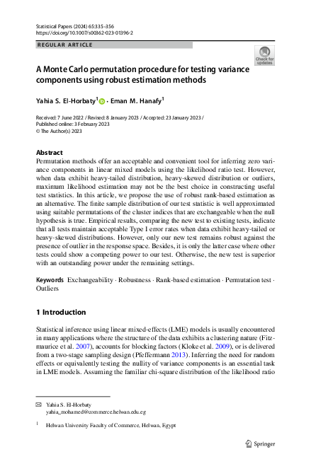 Pdf A Monte Carlo Permutation Procedure For Testing Variance Components Using Robust