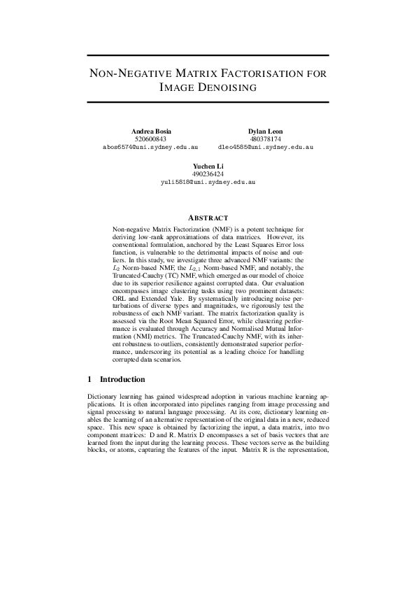 Pdf Non Negative Matrix Factorisation For Image Denoising
