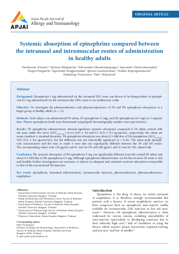 (PDF) Systemic absorption of epinephrine compared between the intranasal and intramuscular ...
