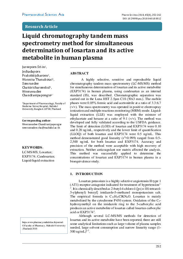 (PDF) Liquid chromatography tandem mass spectrometry method for simultaneous determination of ...