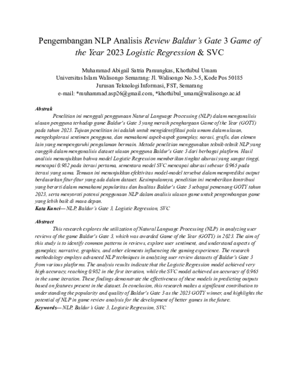 (PDF) Pengembangan NLP Analisis Review Baldur's Gate 3 Game of the Year 2023 Logistic Regression ...