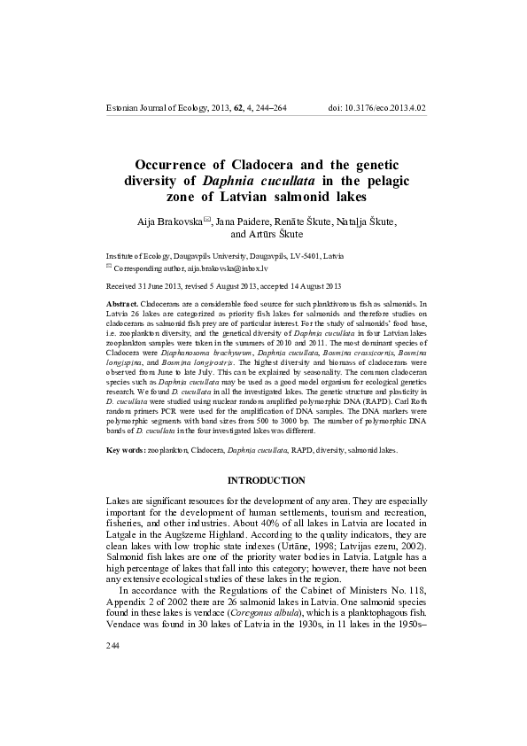 (PDF) Occurrence of Cladocera and the genetic diversity of Daphnia cucullata in the pelagic zone ...