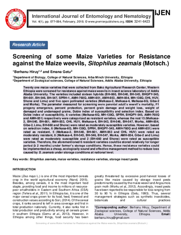 (PDF) Screening of some Maize Varieties for Resistance against the ...