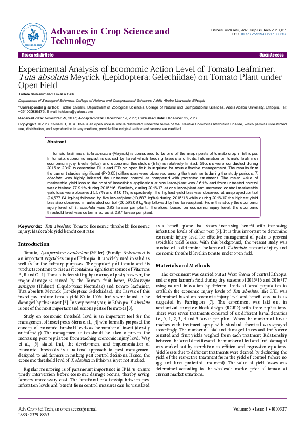 (PDF) Experimental Analysis of Ecomomic Action Level of Tomato Leafminer, Tuta absoluta Meyrick ...