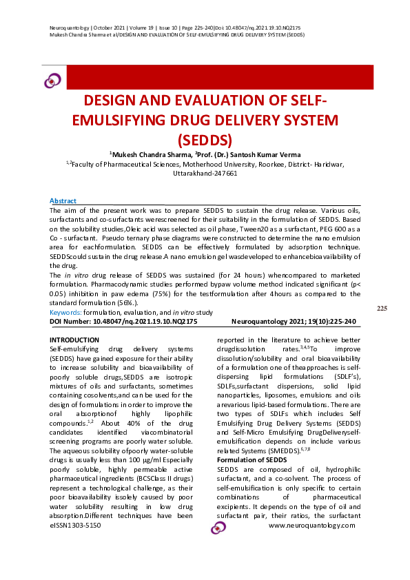 (PDF) DESIGN AND EVALUATION OF SELF-EMULSIFYING DRUG DELIVERY SYSTEM (SEDDS