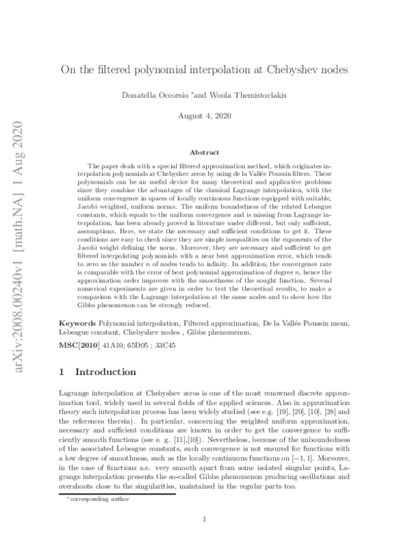 (PDF) Filtered Polynomial Interpolation at Chebyshev Nodes