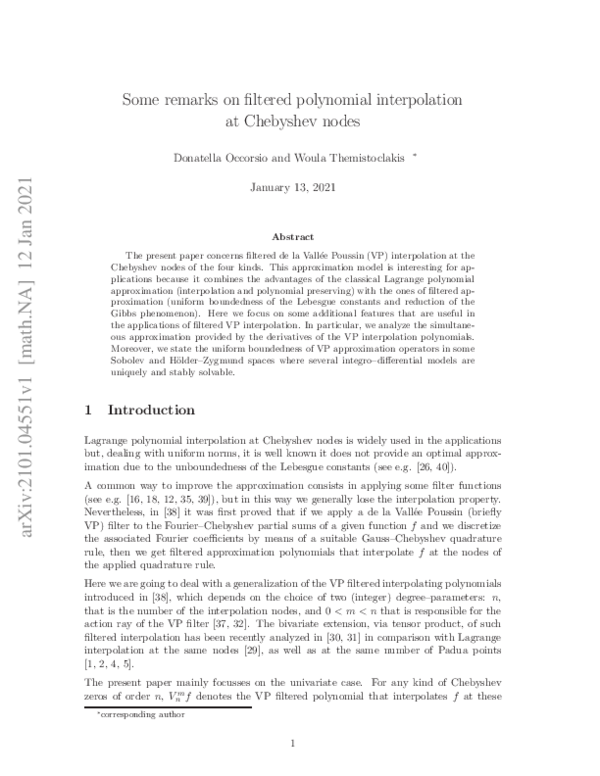 (PDF) Some remarks on filtered polynomial interpolation at Chebyshev nodes