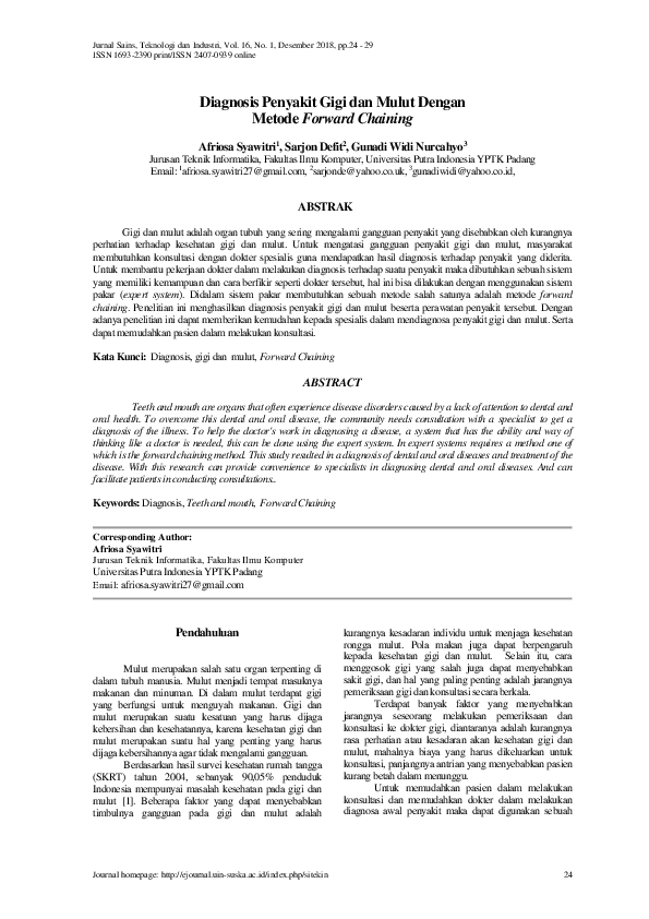 (PDF) Diagnosis Penyakit Gigi dan Mulut Dengan Metode Forward Chaining