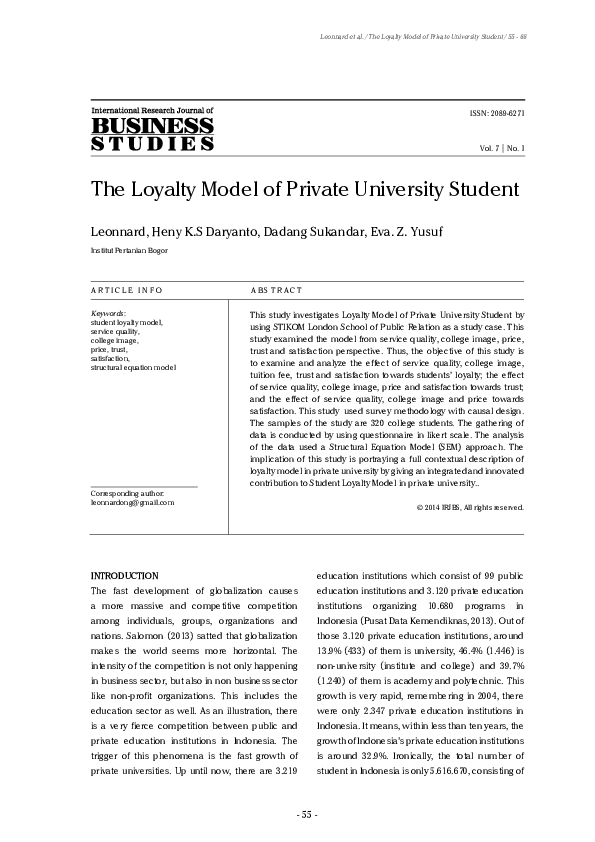 (PDF) The Loyalty Model of Private University Student