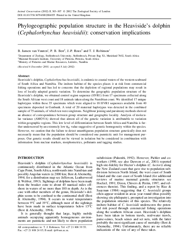 (PDF) Phylogeographic population structure in the Heaviside's dolphin ...