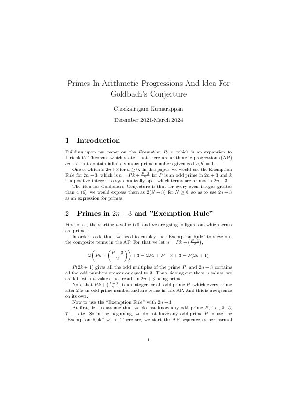 (PDF) Title: Primes In Arithmetic Progressions And Idea For Goldbach's ...