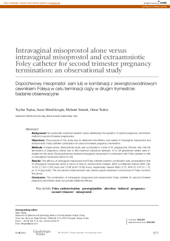 (PDF) Intravaginal misoprostol alone versus intravaginal misoprostol and extraamniotic Foley ...