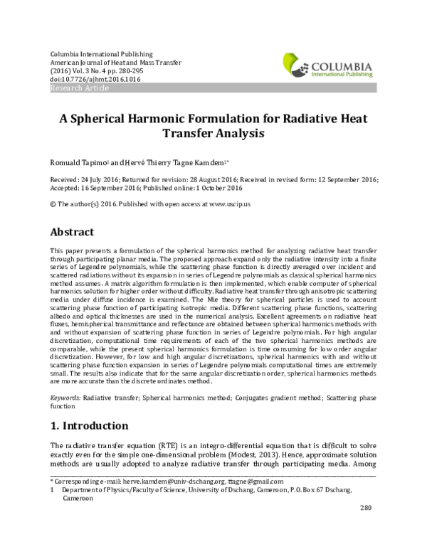 (PDF) A Spherical Harmonic Formulation for Radiative Heat Transfer Analysis