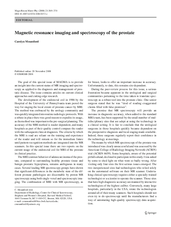 (PDF) Magnetic resonance imaging and spectroscopy of the prostate ...