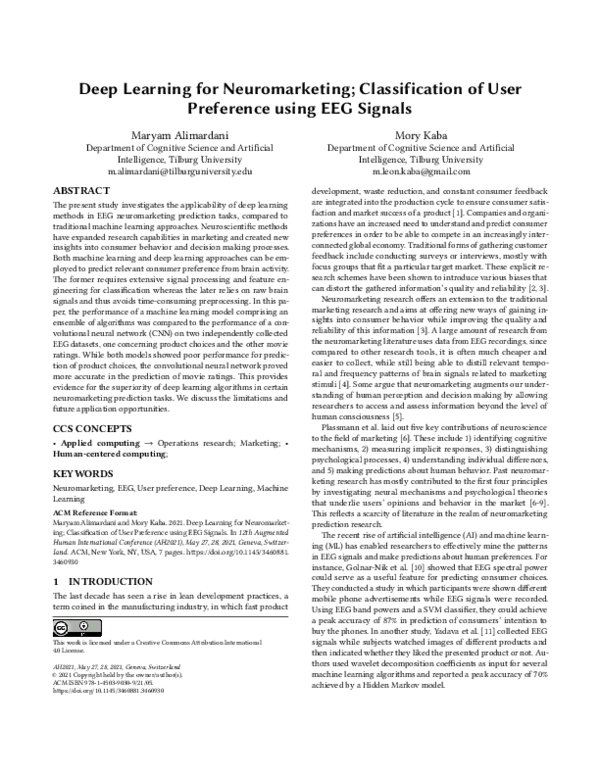 Pdf Deep Learning For Neuromarketing Classification Of User Preference Using Eeg Signals