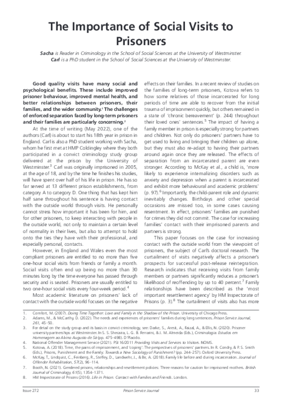 (PDF) The Importance of Social Visits to Prisoners