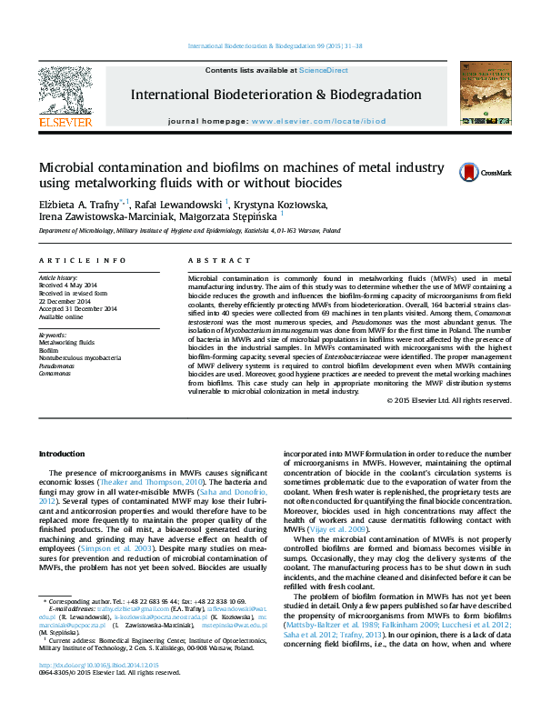 (PDF) Microbial contamination and biofilms on machines of metal ...