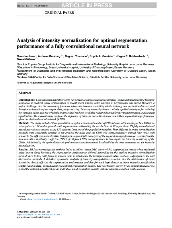 (PDF) Analysis of intensity normalization for optimal segmentation performance of a fully ...
