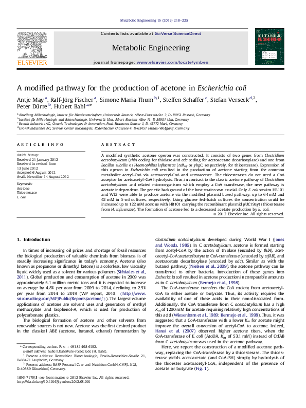(PDF) A modified pathway for the production of acetone in Escherichia coli