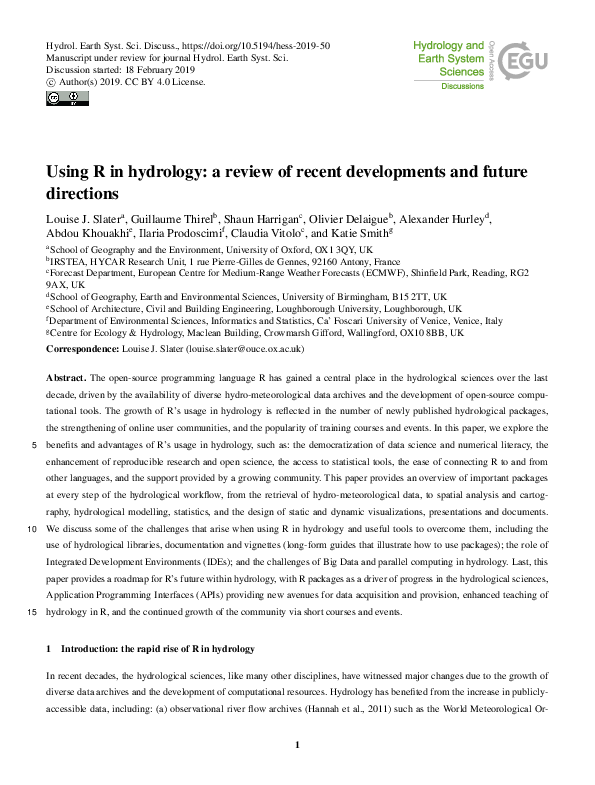 (PDF) Using R in hydrology: a review of recent developments and future directions